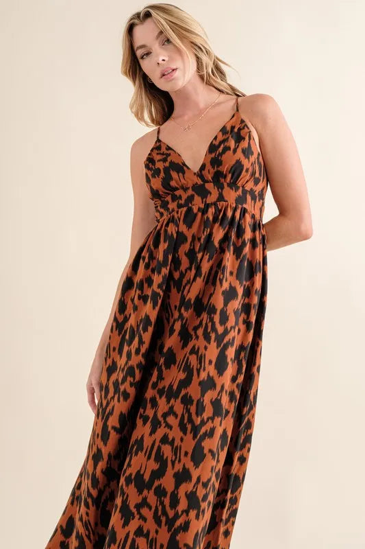 Sexy Leopard Print Plunge Maxi Dress – Trendy Long Sleeve ...